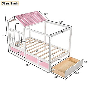 Woanke Twin Size House Bed for Kids, Montessori Playhouse Bed, Solid Wood Twin Platform Bed Frame with Storage Drawers, Roof and Window, Pink