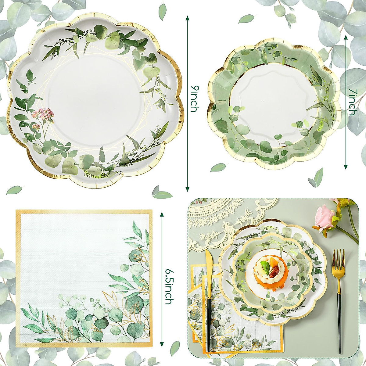 Tanlade 96 Pcs Sage Green Theme Party Supplies Plates and Napkins Serve 24, Disposable Eucalyptus Paper Plates Scalloped Dinner Plates 2 Ply Paper Napkins for Wedding Bridal Shower