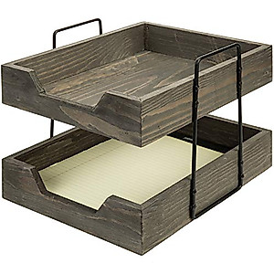 MyGift 2-Tier Vintage Gray Wood and Metal Wire Document Organizer Rack