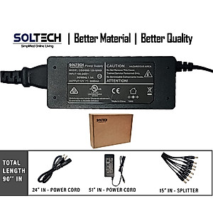 [UL Listed] SOLTECH 12V 5A 60W CCTV Security Camera Power Supply AC DC Adapter with 8-Way Power Splitter Compatible with Samsung Wisenet Lorex, Night Owl, Defender Q-See Swann