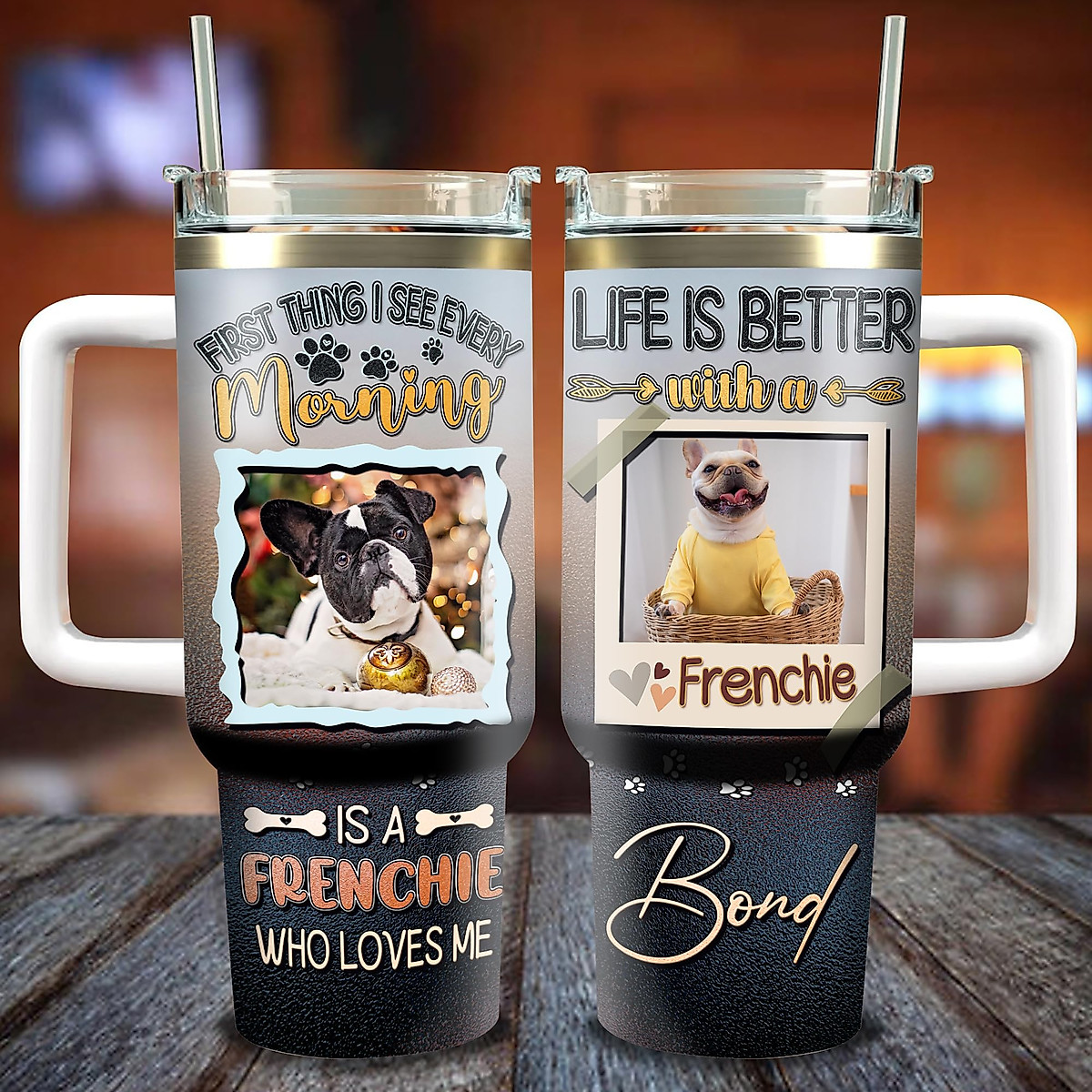 WAZONE Personalized Life Is Better With Frenchie Dog Cups With Lid 40oz Stainless Steel Tumblers First Thing I See Mug Gift For Pet Lovers Cute French Bulldog Dogs Portrait Pets Owner Gifts
