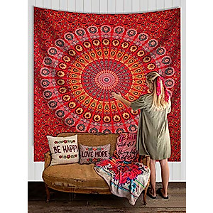 SHIRANYA Red Queen Indian Mandala Tapestry Wall Hanging for Bedroom Bohemian Floral Design Cotton Bedspread Throw Blanket Decorative (84x90 inches/213x229 cm)