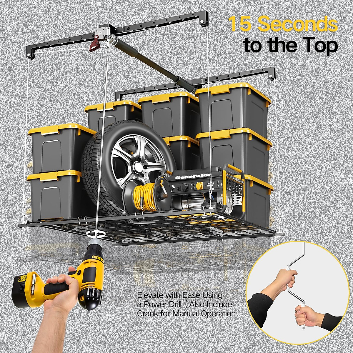 KOKORACKER Overhead Garage Storage Rack, 4x4 Ft Garage Ceiling Storage Lift, Heavy-Duty Ceiling Mounted Garage Storage Lift System for Garage Organization, 250lbs Weight Capacity