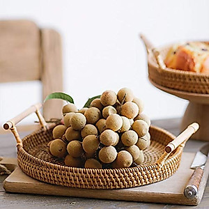 DECRAFTS Round Rattan Tray Woven Bread Basket with Handles Small Cracker Tray for Serving Dinner Parties Coffee Table Tea (Natural 11 inches Diameter)