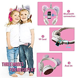 JINSERTA Bluetooth 5.0 Headphones with Fluffy Cat Ears for Kids, Kids Headband Earphone Foldable Headset Rechargeable Support TF Card, FM, Aux in (Black)