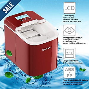 COSTWAY Countertop Ice Maker, 26LBS/24H with Self-Clean Function, LCD Display, 9 Bullet Ice / 7 Mins, Portable and Compact Ice Machine with Ice Scoop, for Homes, Offices, Restaurants, Bars, Red