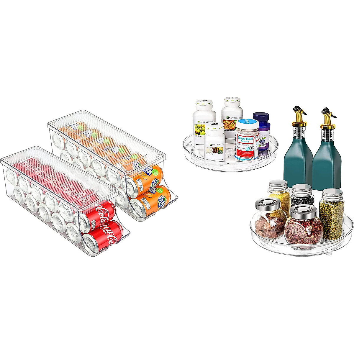 Puricon 2 Pack Soda Can Organizer Dispenser for Refrigerator Bundle with 2 Pack Lazy Susan Clear Organizer for Cabinet Pantry Storage