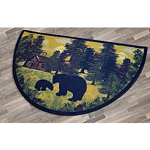 Cozy Floor Mats Hearth Rug for Fireplace, Bear & Cub, Non Slip Kitchen Mat, Green Black Gold Cream, Half Circle, Fire Resistant, Nature, Half Round, Heat Resistant, Cabin Rug (26"x 39")