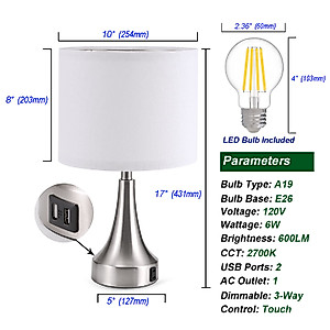 AMUV Lamps for Bedrooms Set of 2,Bedside Lamps Set of 2 with 2 USB Ports & AC Outlet,3-Way Dimmable Touch Nightstand Lamps Set of 2 for Living Room Office, White Fabric Shade,2700K Bulb Included