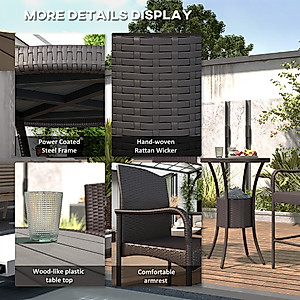 Outsunny 3 Pieces Rattan Wicker Bar Set with Ice Buckets, Patio Furniture with 1 Bar Table and 2 Bar Stools for Poolside, Backyard, Porches, Dark Brown