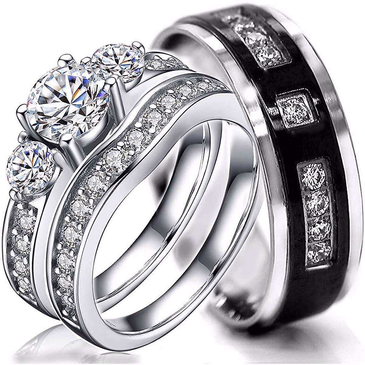 3 pcs His & Hers, STERLING SILVER & TITANIUM Wedding Rings Set. Available sizes Women's 5-10; Men's 7-13. EMAIL US SIZES THAT YOU NEED (Size His 09, Hers 09)