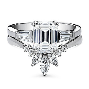 BERRICLE Sterling Silver 3-Stone Wedding Engagement Rings Emerald Cut Cubic Zirconia CZ 7-Stone Ring Set for Women, Rhodium Plated Size 6
