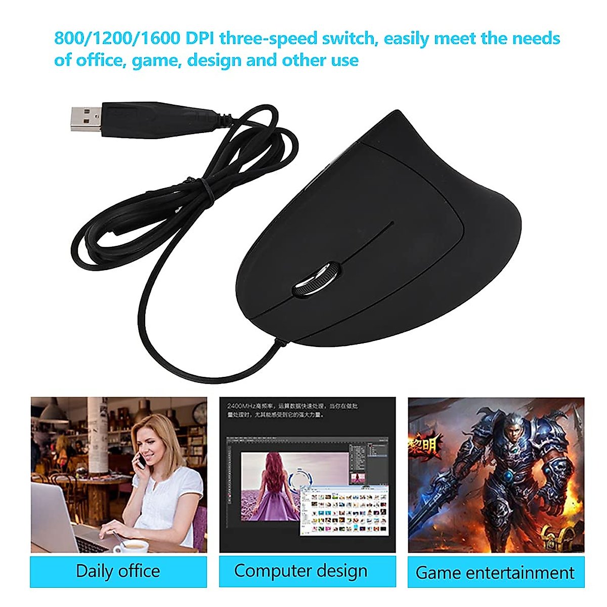 Ergonomic Vertical USB Wired Mouse, Left Handed Optical Mouse, 3 Adjustable DPI 800/1200/1600, 6 Programmable Buttons, Universal Gaming Mouse for Laptop, Desktop, Notebook, PC, Computer (Black)