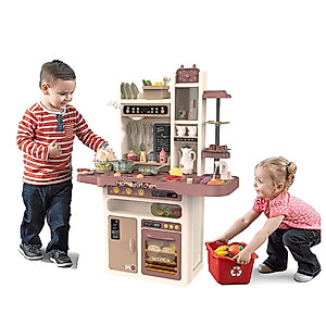 Kitchen Playset with Real Sounds & Light - Toy Accessories Set Pretend Food Toy Accessories Set for Toddlers - Play Sink & Cooking Stove with Steam - 65 PCS for Toddlers Kids - 37 inch 3+ Years