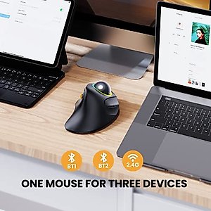 ProtoArc Wireless Bluetooth Trackball Mouse, EM03 Ergonomic RGB Rollerball Mouse Rechargeable Computer Laptop Mouse, 3 Device Connection&Index Finger Control for iPad, Mac, Windows-Black