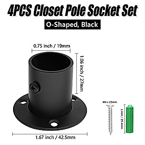 Qjaiune 4PCS Closet Pole Socket Set Wardrobe Rod Bracket, 3/4 Inch Curtain Rod Support Bracket Black Closet Rod Holder, Stainless Steel Closet Flange Heavy Duty Closet Rod End Supports (O Shaped)