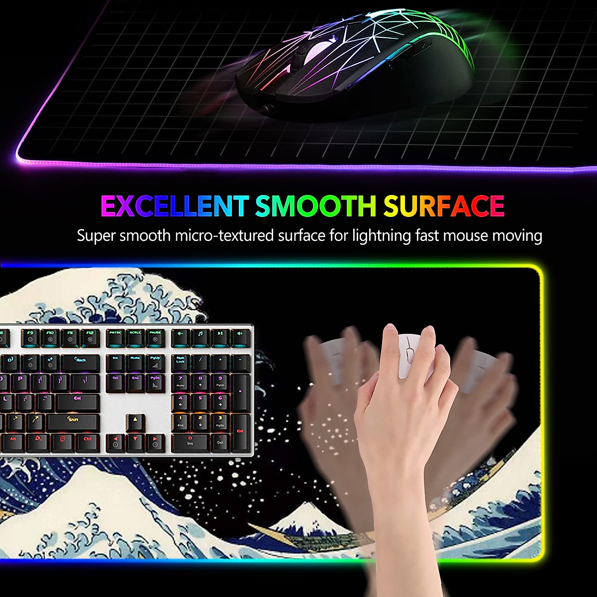 RGB Gaming Mouse Pad Large, AIMSA Keyboard Led Mousepad Extended 35.4 x 15.8 inch Non-Slip Rubber Base with 14 Lighting Modes, Big Desk Mat Waterproof, Big Waves
