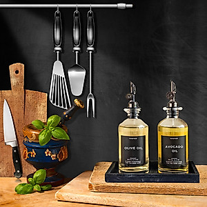 Verspace Olive Oil Dispenser Bottle For Kitchen With Silicone Tray & 40 Labels, Soy Sauce Dispenser, Coffee Syrup Dispenser, Olive Oil Bottle, Oil Container Kitchen Set Of 2, Black