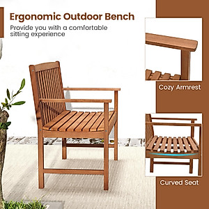 Tangkula Outdoor Garden Bench, 2-Person Eucalyptus Wood Bench with Backrest, Armrests and Slatted Seat, Patio Garden Bench for Yard, Porch, 800 lbs Capacity, Natural