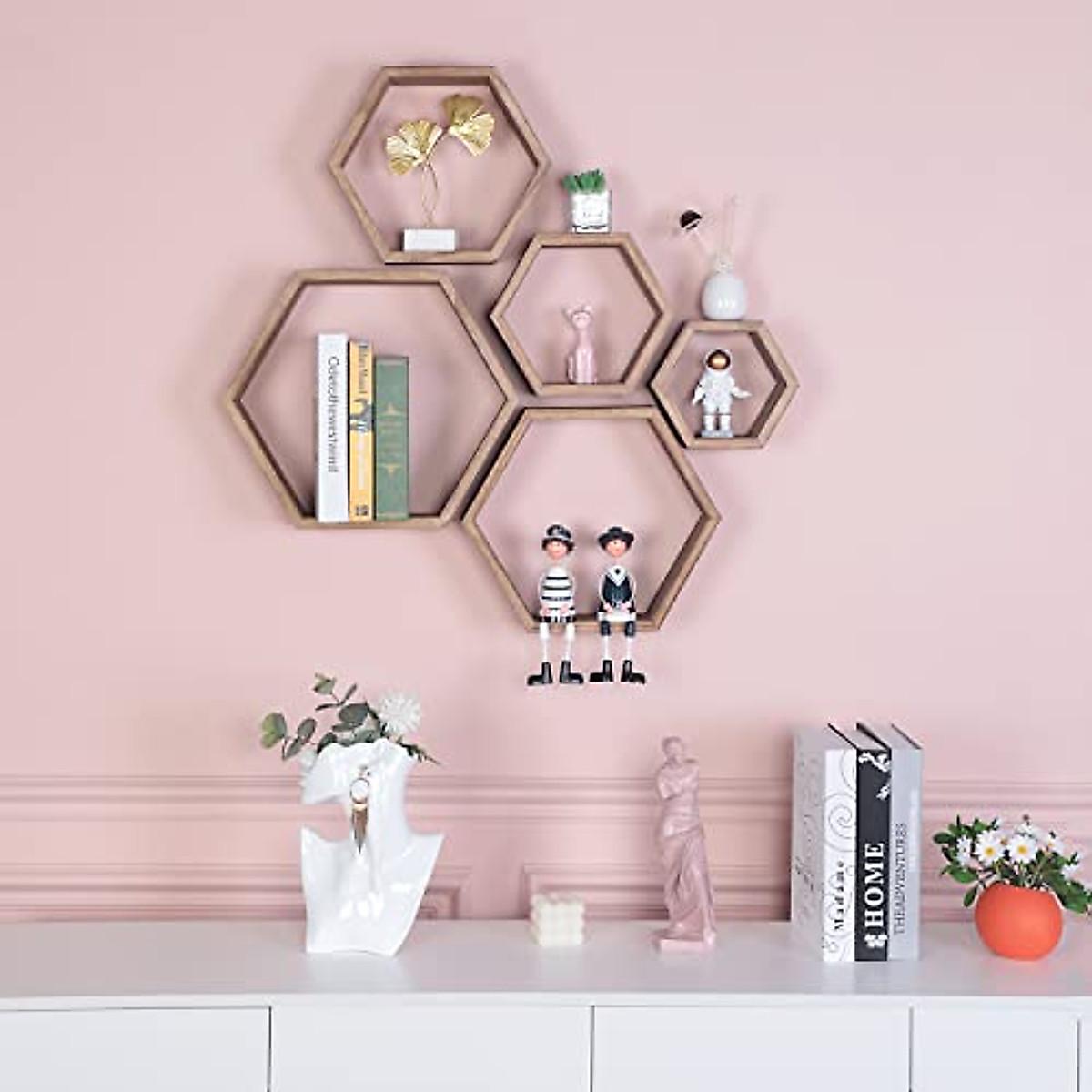 Hexagon Floating Shelves,Wall Mounted Wood Farmhouse Storage Honeycomb Wall Shelf Set of 5,for Bathroom, Kitchen, Bedroom, Living Room,Office,Home Room Wall Decor Driftwood Finish (Carbonized Black)