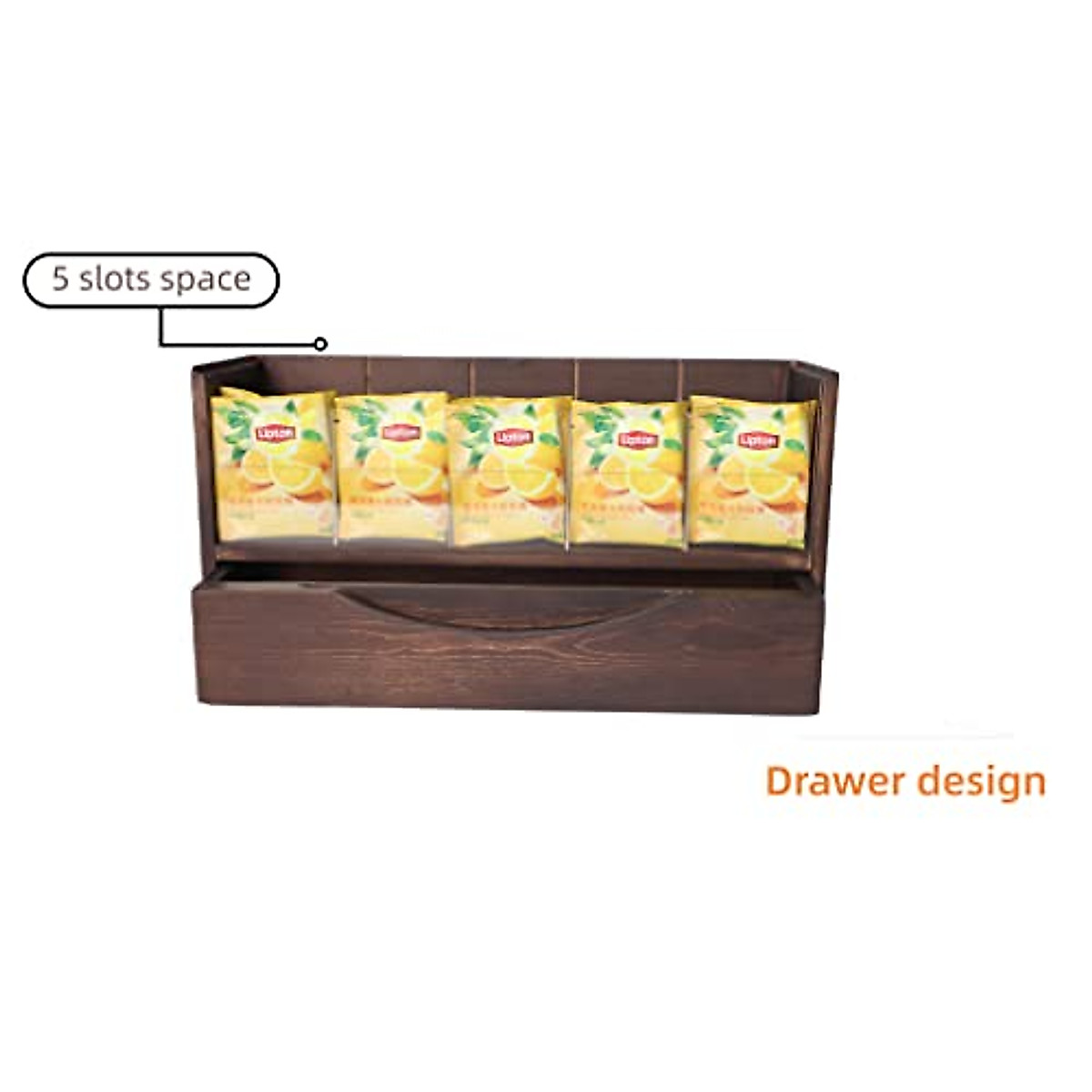 Wooden Tea Caddy Tea Bag Holder Kitchen Storage for Spice Bags and Sugar Packets Tableware with Slide-out Drawer Supports Multi-level Expansion (Double-drawer design)