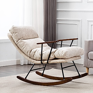 HNY Modern Rocking Chair Nursery with Wood Arms, PU Leather Overstuffed Upholstered Glider Rocker Chair with Adjustable Backrest, 22" Wide Armchair for Living Room/Bedroom/Small Space, Cream