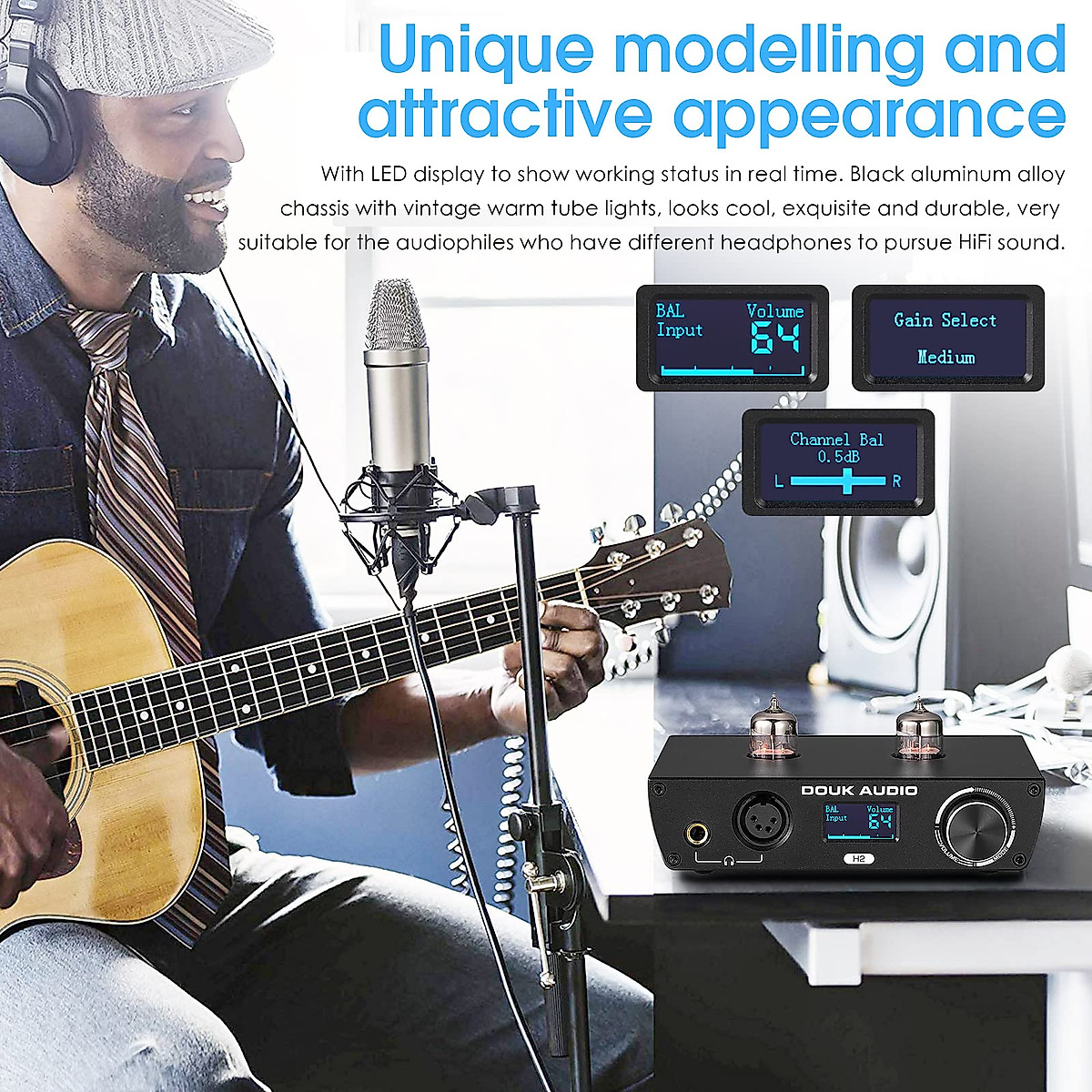 Douk Audio H2 Vacuum Tube Balanced Headphone Amplifier Amp with XLR, RCA, 6.35mm Ports and LED Display for Desktop Home Audio