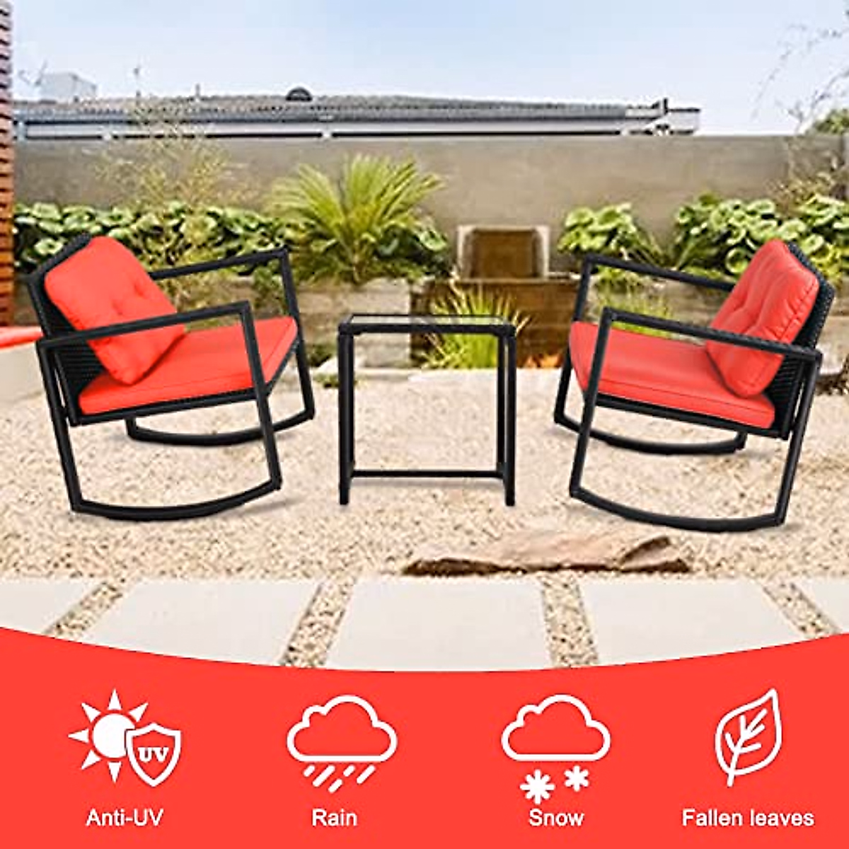 FDW 3 Piece Wicker Patio Furniture Sets Rocking Chair Outdoor Bistro Set Patio Set Rattan Chair Conversation Set with Porch Chairs and Coffee Table,Red
