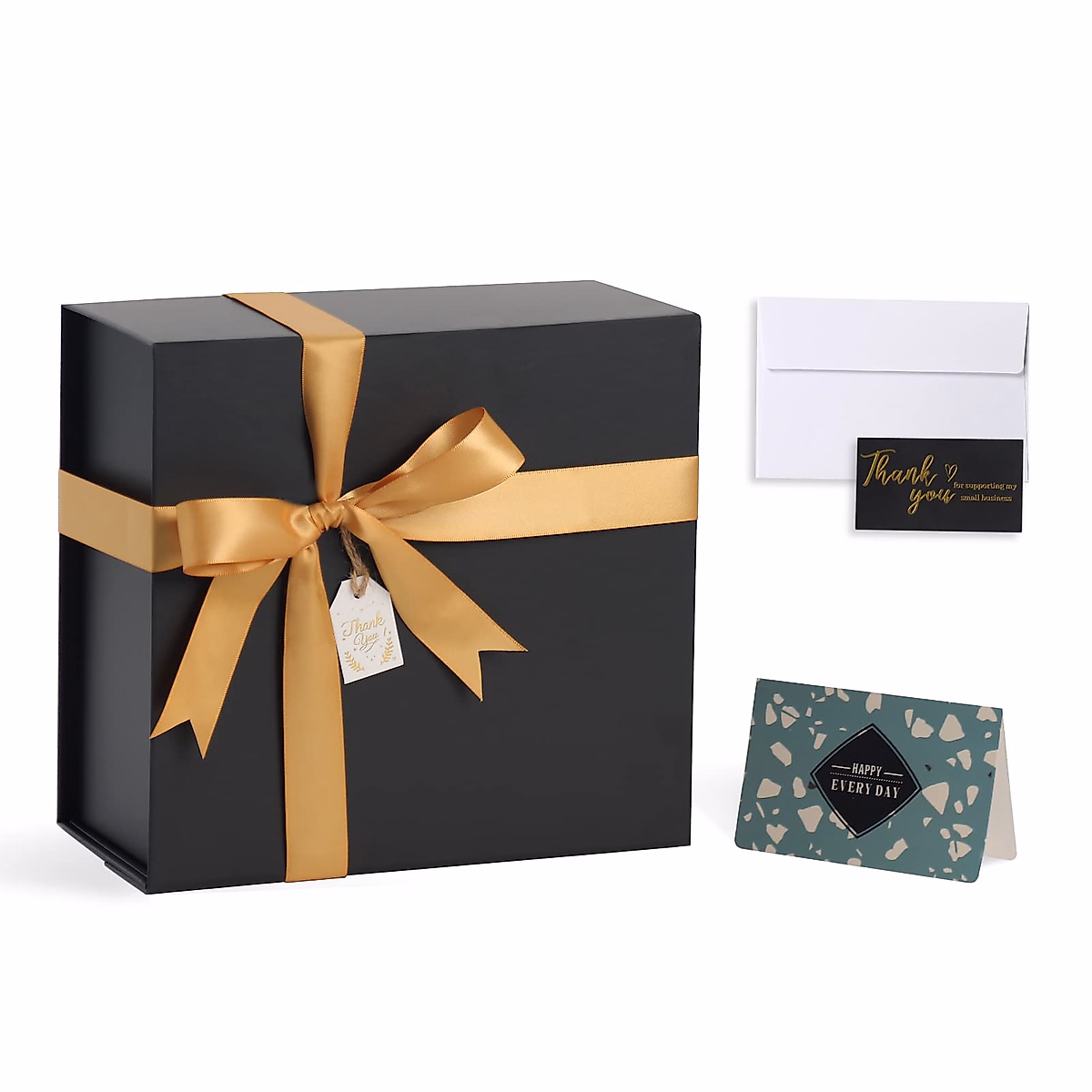 Black Gift Boxes with Lids, 9x7x4 Inches Small Gift Box with Ribbon, Collapsible Gift Boxes with Magnetic Closure for Birthday, Wedding, Bridesmaid Proposal Box Contains Gift Card Ribbon Tag