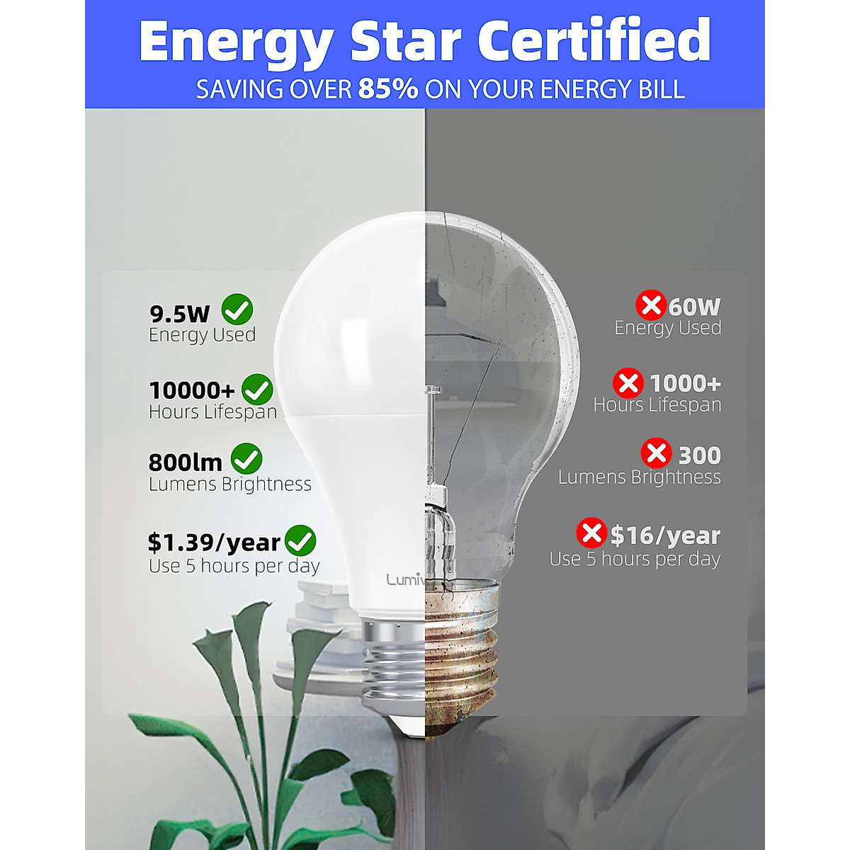 Lumiverse A19 LED Light Bulbs Dimmable, 5000k Daylight White 9.5 Watt [60w Equivalent], E26 LED Bulb Energy Efficient, UL Listed (5000k, Pack of 12)