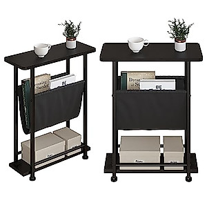Walmokid 3 Tier Side Table with Magazine Holder, Industrial End Table with Open Storage, Wooden Bedside Table, Sofa Table, Nightstand for Living Room, Bedroom, Small Spaces, Easy Assembly, Black