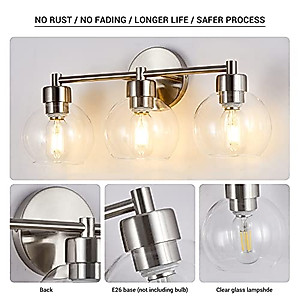 diniluse Bathroom Light Fixtures 3 Lights Vanity Light with Brushed Nickel Round Finish, Bathroom Vanity Lights with Clear Globe Glass, Wall Sconce for Mirror, Bedroom, Living Room, Kitchen