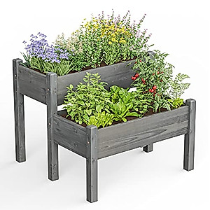 Giantex Set of 2 Raised Garden Bed, Elevated Wood Planter Box, Raised Bed Kit for Flowers Vegetables Fruits Herbs Outdoor Planting Container Patio, Balcony, Yard (Gray)