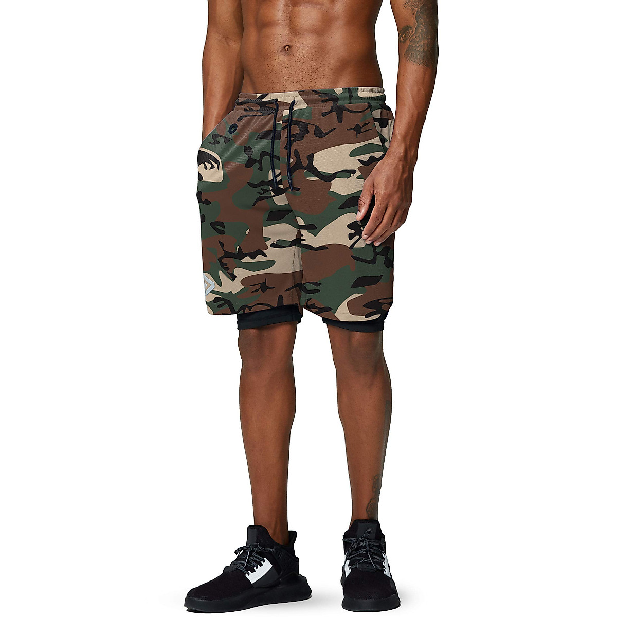Pinkbomb Men's 2 in 1 Running Shorts Gym Workout Quick Dry Mens Shorts with Phone Pocket (Green Camo, XX-Large)
