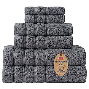 Classic Turkish Towels American Soft Cotton 6 Piece Towel Set - Premium Quality 2 Bath Towels, 2 Hand Towels, 2 Washcloths 100% Cotton USA (Grey)