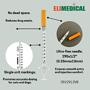 Elimedical Veterinary Insulin Syringe, U-100, 0.5cc (ml), 29g x 1/2 inch (12.7mm), Individually Packed, for Pet Cat or Dog, 100 per Box, 05V2913VB
