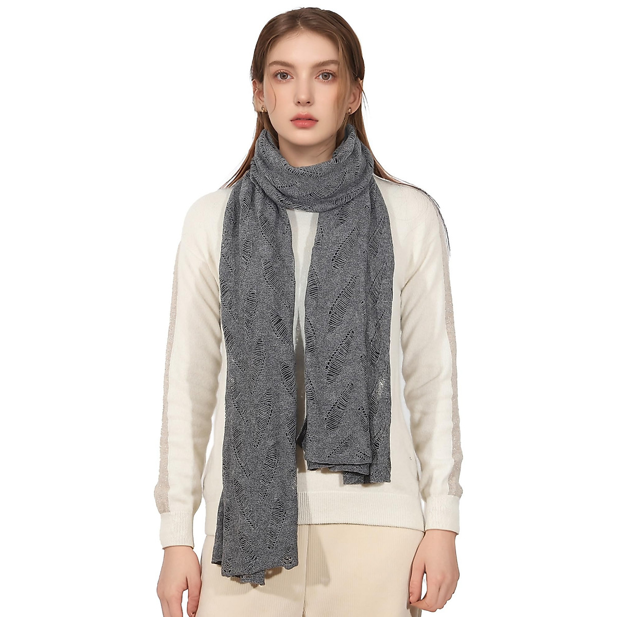 Mongoro Cashmere 30% Mongolian Cashmere 70% Australian Merino Wool Scarves Extra Large Pashmina Wrap Shawl Stole Grey Leaf/leaves Solid with Gift Box