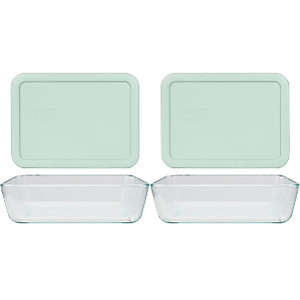 Pyrex (2 7210 3-Cup Glass Dishes & (2) 7210-PC 3-Cup Muddy Aqua Food Storage Lids - Made in the USA