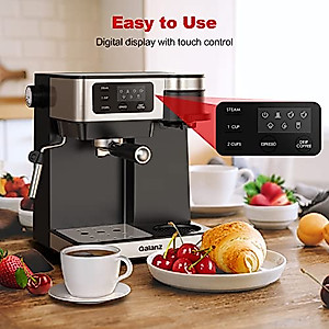 Galanz 2-in-1 Pump Espresso Machine & Single Serve Coffee Maker with Milk Frother, Latte, & Cappuccino Machine, 1.2L Removable Water Tank, LED Display Touch Control, Black with Stainless Steel Trim