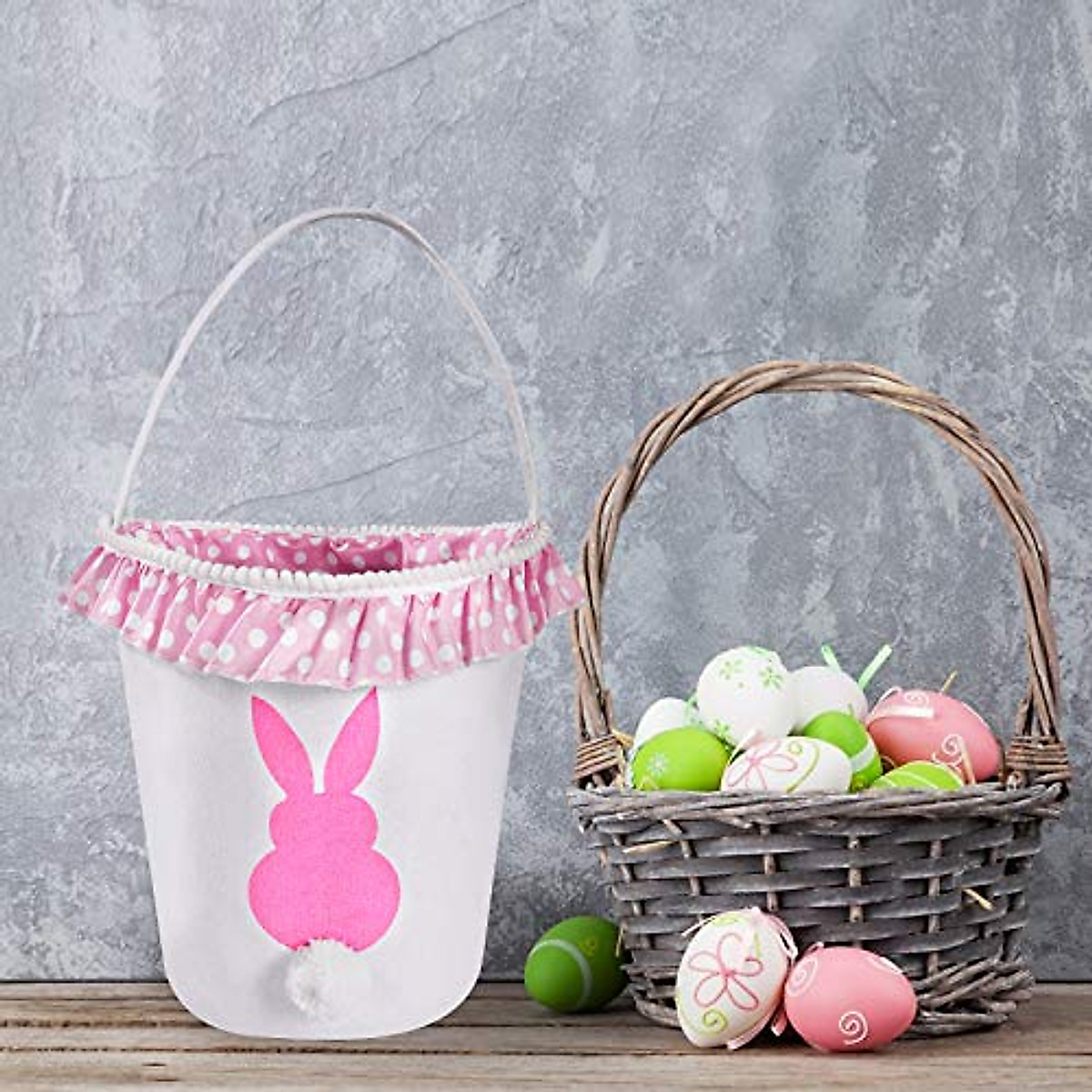 Easter Baskets Bags Empty Bulk For Kids Girls Toddler Bunny Eggs Hunt Bags with Fluffy Tail Pink Canvas Rabbit Toys Personalized Handbag Toys Bucket Tote Bag Candies Storage Gifts with Handles (Pink)