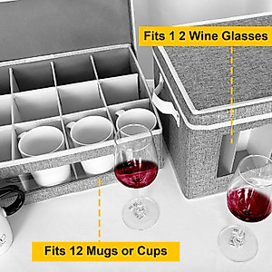 2 Pack China Storage Containers Set, Coffee Mug and Wine Glass Storage Box with Dividers, Cup and Stemware Storage Cases Organizer for 12 Tea Cups & 12 Crystal Glassware Moving and Protection (Grey)