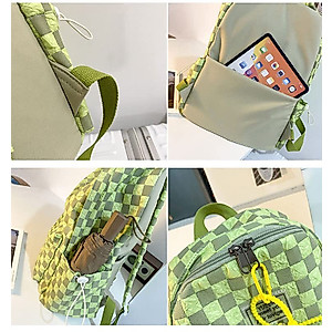 Kawaii Backpack with Cute Duck Pendant, Aesthetic Checkered School Bags BookBag Japanese Ita Bag Daypack (Green), One Size