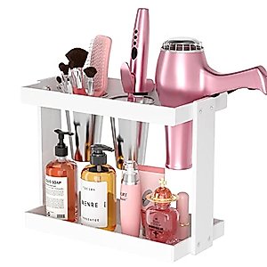 HIIMIEI Hair Tool Organizer, White Acrylic Blow Dryer and Curling Iron Holder, 2 Tier Bathroom Counter Storage, Vanity hairdryer Stand for Lotion Makeup Cosmetics Perfume Makeup Toiletries