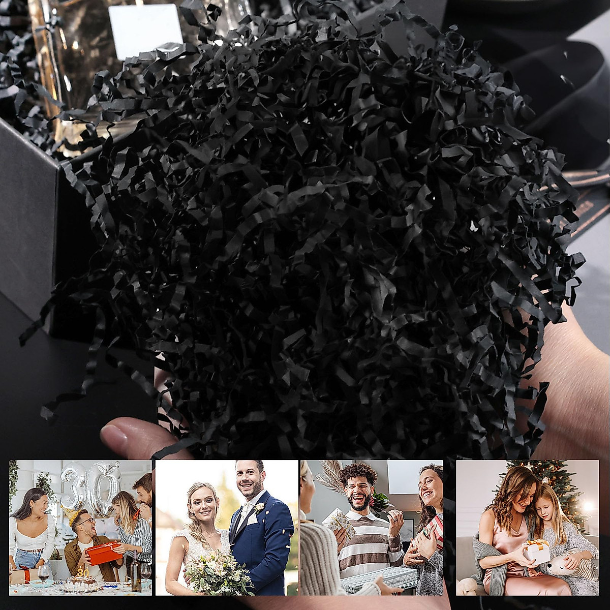 VGOODALL 2LB Crinkle Cut Paper, Black Shredded Confetti Paper for Gift Basket Filling Halloween Christmas Birthday Party Gift Box Wrapping Stuffing Supplies