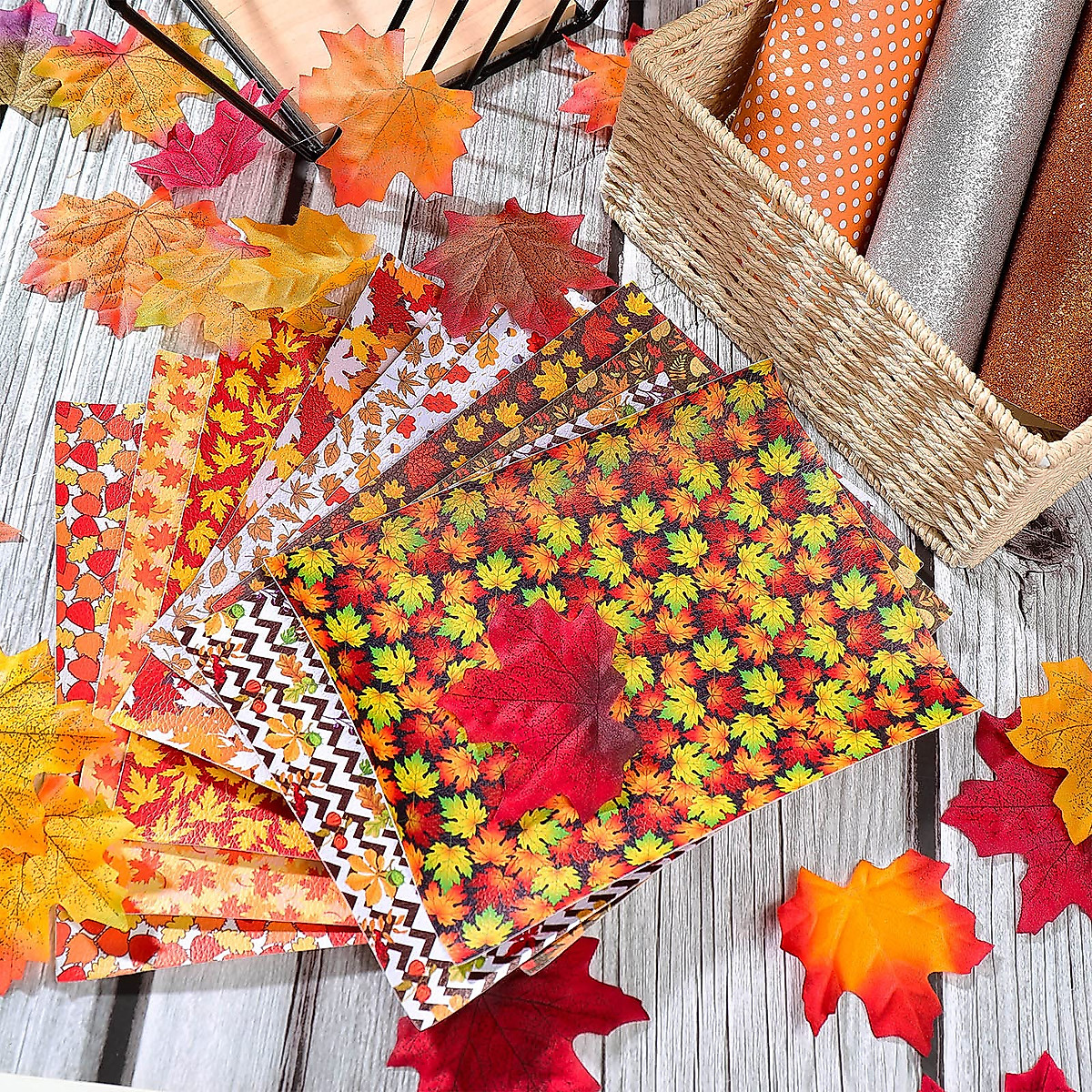 15 Pieces Thanksgiving Fall Faux Leather Sheets Glitter Autumn Leather Sheets Plant Leather Fabric Sheets Fall Leaves Faux Leather Fabrics for DIY Crafts Earrings Bag Decors(Classic Style)