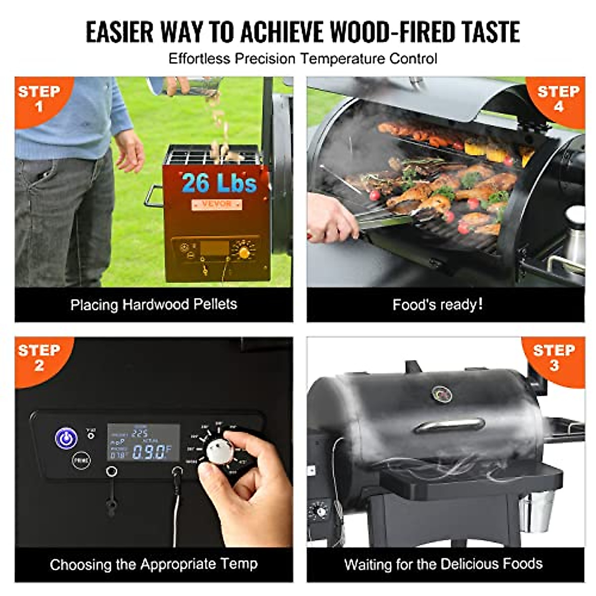 VEVOR Smoker Grill, Portable Wood Pellet Grill with Cart, 8 IN 1 BBQ Grill with PID Temperature Control & Meat Probe for Outdoor Cooking, Barbecue Camping, Picnic, 840 sq, Patio and Backyard, Black