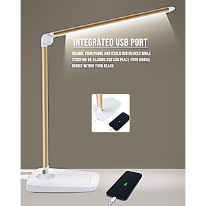 Lichamp Dimmable LED Desk Lamp with USB Charging Port, Touch Control Foldable Gooseneck Free Rotation Adjustable Eye Care Table Lamp, Bedside Reading Light with UL AC Adapter (Gold)