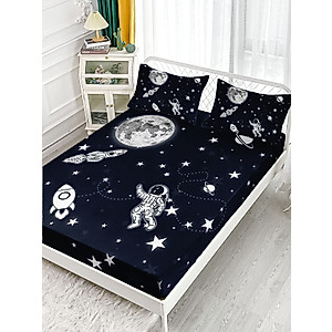 Datura home Astronaut Space Sheet Bedding Set 4Pcs Astronaut Space Rocket Printed Sheet Set with 1 Flat Sheet and 1 Fitted Sheet + 2 Pillowcases for Boys Bedroom(Space Astronaut Twin)