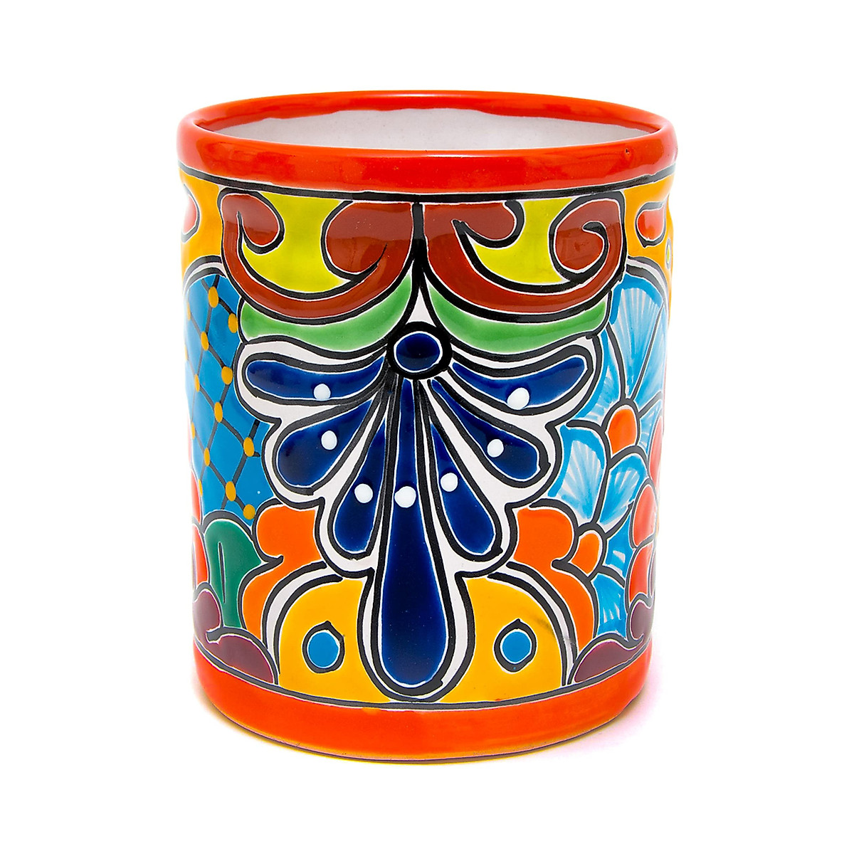 Enchanted Talavera Ceramic Large Utensil Holder Spatula Crock Kitchen Counter Organizer Mexican Pottery Utensils Tools Caddy Spoon Rest White Ceramic (Red Large (7.5" H x 6" W)