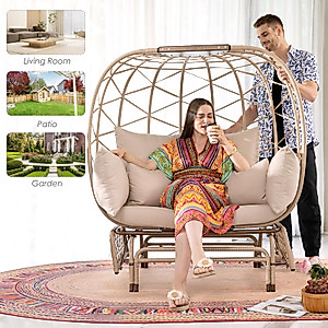 RADIATA Oversized Wicker Double Egg Chair w/ 7 Cushions 500lb Capacity Lounge Basket with Strong Heavy-Duty Steel Frame for Indoor Outdoor Patio Backyard Living Room (Beige)